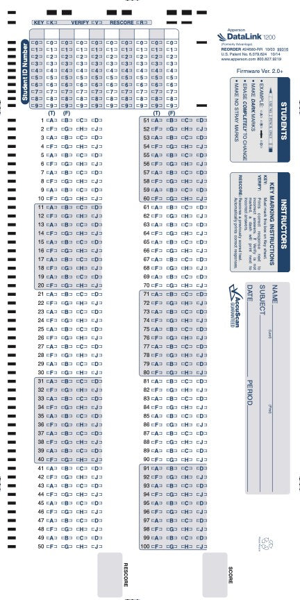 100Q DataLink 1200 test answer sheet (24680) – Apperson