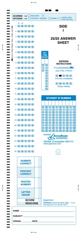 NCS Answer Sheet 25/25 Compatible Form (25300) – Apperson