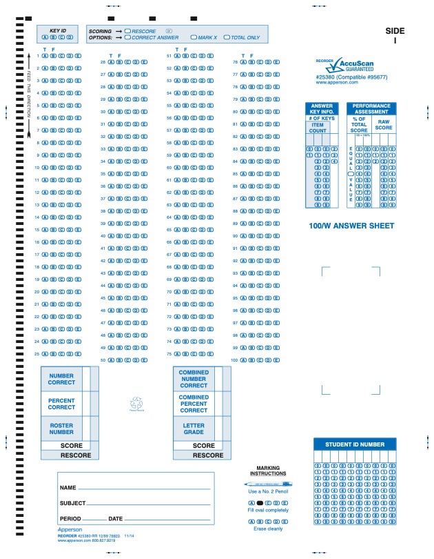 NCS Answer Sheet 100/W Compatible Form (25380) – Apperson