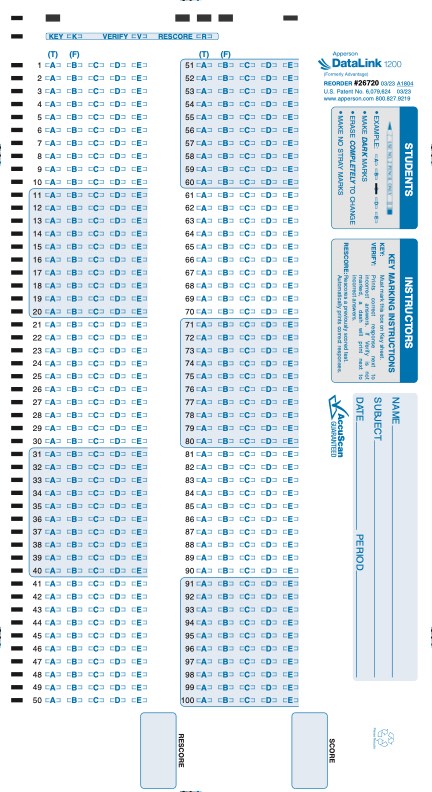 100Q DataLink 1200 test answer sheet (26720) – Apperson