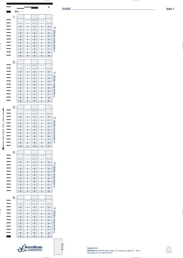 grid responses DataLink 600 answer sheet (27250) – Apperson
