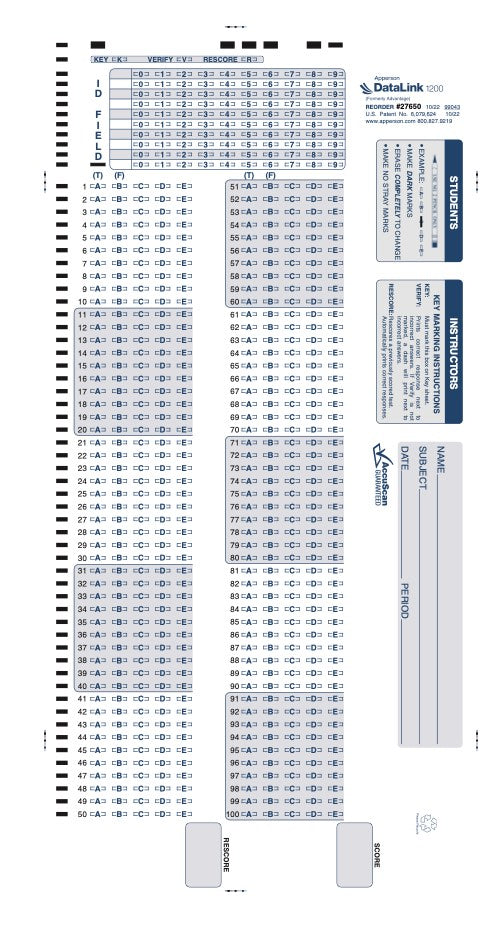 200Q DataLink 1200 test answer sheet (27650) – Apperson
