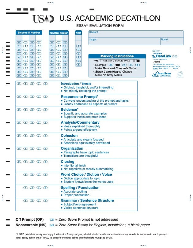 USAD essay evaluation form for DataLink 1200 (28740) – Apperson