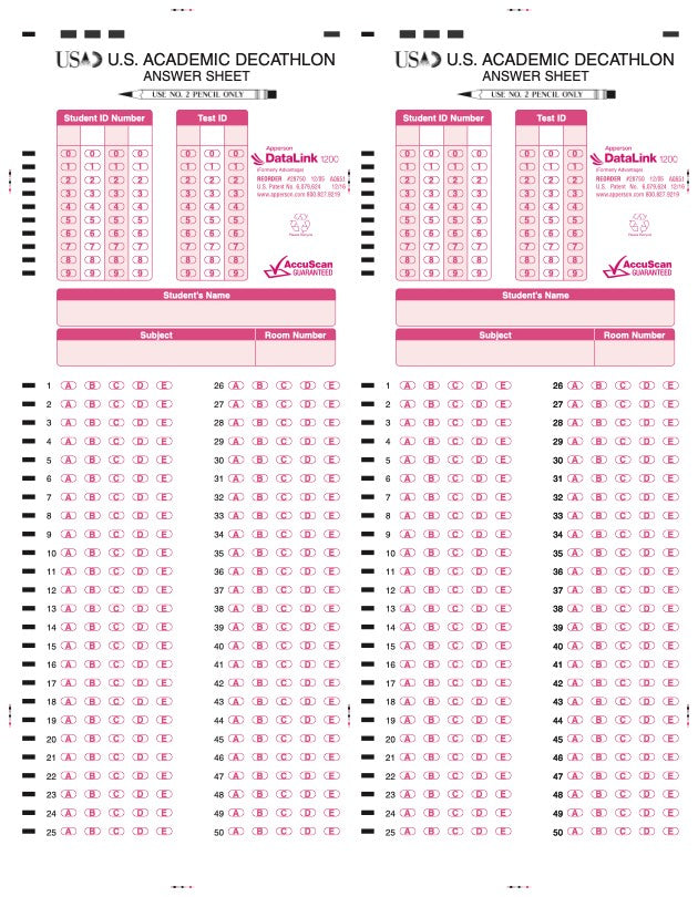 USAD 50Q DataLink 1200 test answer sheet (28750) – Apperson