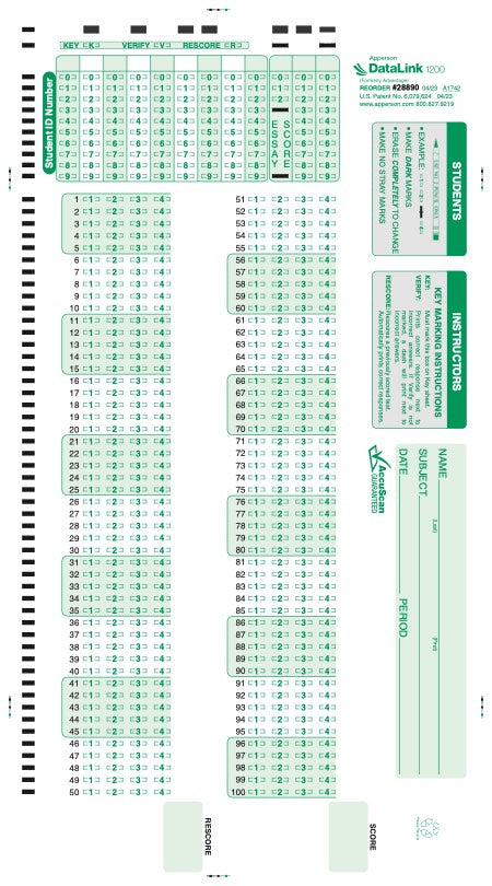 100Q DataLink 1200 test answer sheet (28890) – Apperson