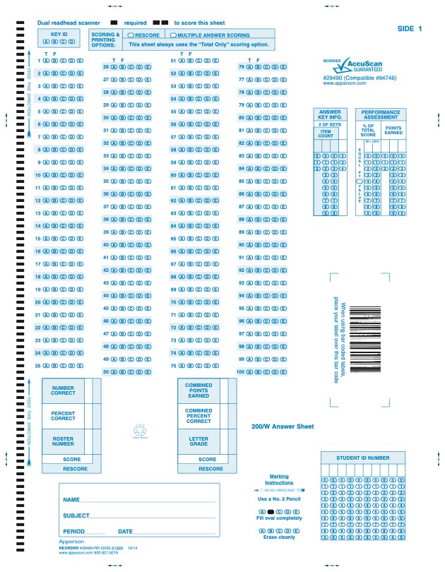 NCS Answer Sheet 200/W Compatible Form (29490) – Apperson